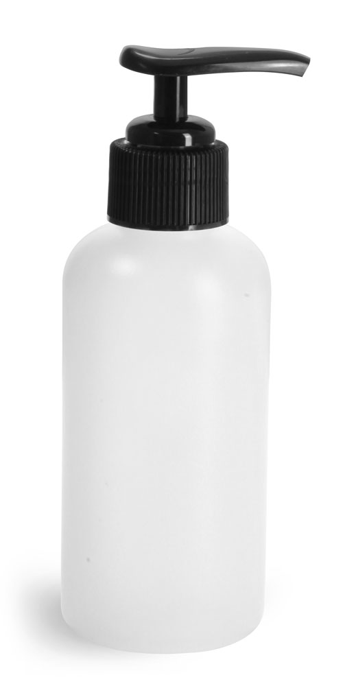 SKS Bottle & Packaging - 4 oz Natural HDPE Boston Rounds w/ Black ...