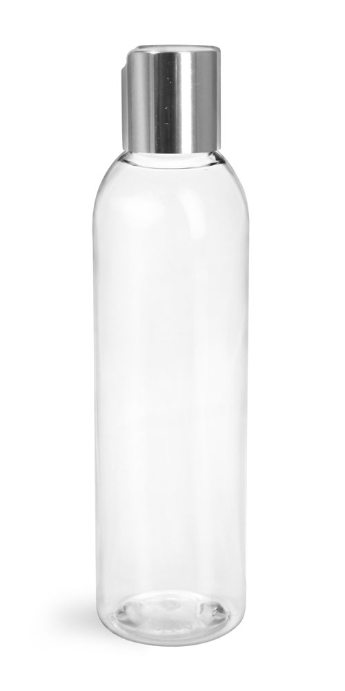SKS Bottle & Packaging - 4 oz Clear PET Cosmo Round Bottles w/ Smooth Silver Disc Top Caps