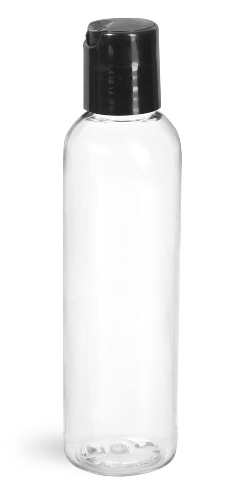 SKS Bottle & Packaging - 4 oz Clear PET Cosmo Round Bottles w/ Smooth Black Disc Top Caps