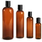 4 oz Amber PET Cosmo Round Bottles w/ Smooth Black Plastic Lined Caps | SKS Bottle & Packaging