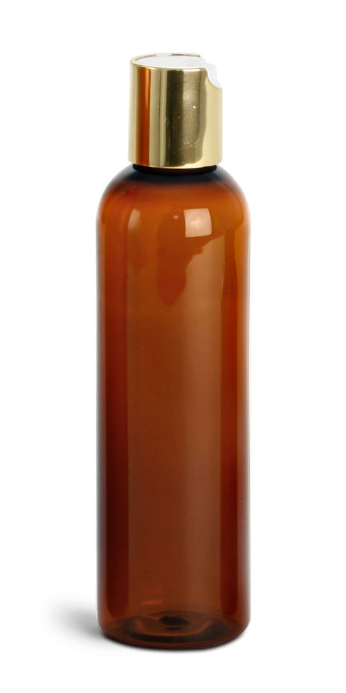 SKS Bottle & Packaging - 8 oz Amber PET Cosmo Rounds w/ Gold Disc Top Caps
