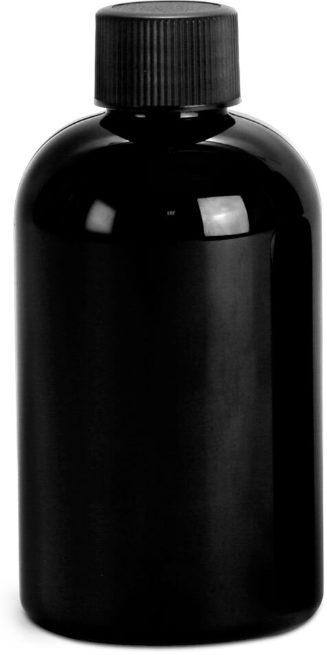 SKS Bottle & Packaging - 4 oz Black PET Round Bottles w/ Black Ribbed ...