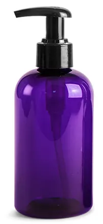 Purple PET Boston Round Bottles w/ Black Ribbed Snap Top Caps