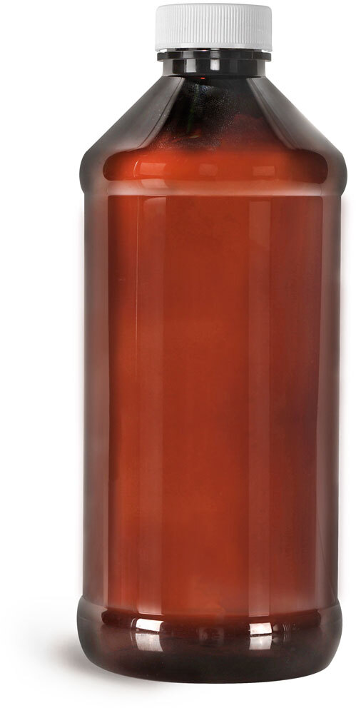 SKS Bottle & Packaging - 16 oz Amber PET Modern Round Bottles w/ White ...