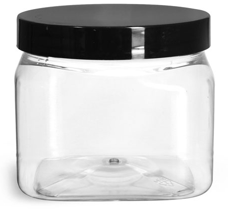 SKS Bottle & Packaging - 16 oz Clear PET Square Jars w/ Black Smooth ...