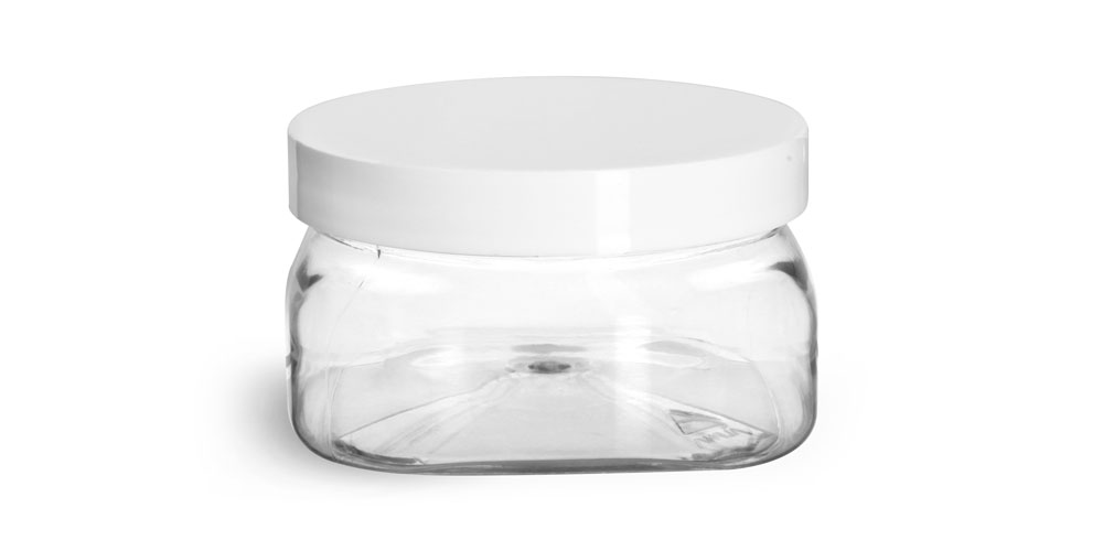 SKS Bottle & Packaging - 16 oz Clear PET Square Jars w/ White Smooth PE ...