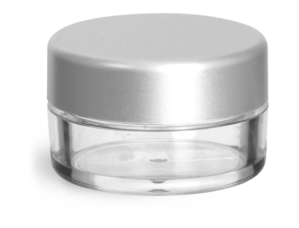 Clear Polystyrene Powder Jars w/ Black Smooth Plastic Caps