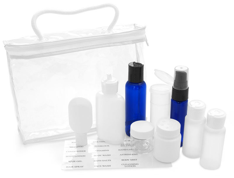 Travel Kits, Clear Vinyl Bags w/ White Trim and Travel Size Bottles