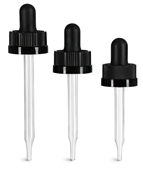 Glass Droppers, Black Bulb Glass Droppers w/ Tamper Evident Seals