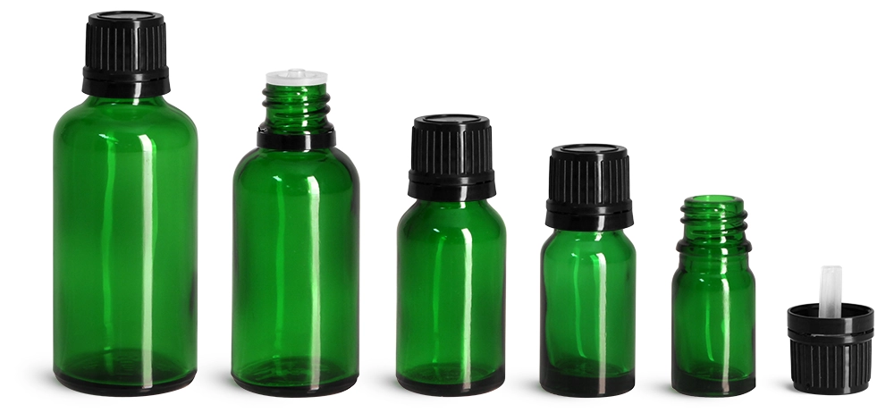 Green Glass Euro Dropper Bottles w/ Black Tamper Evident Bulb Droppers