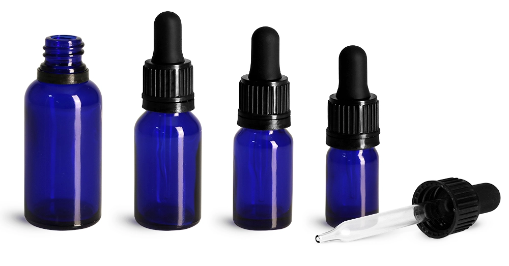 Green Glass Euro Dropper Bottles w/ Black Tamper Evident Bulb Droppers