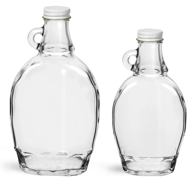 Clear Glass Syrup Bottles w/ Black Ribbed Lined Caps