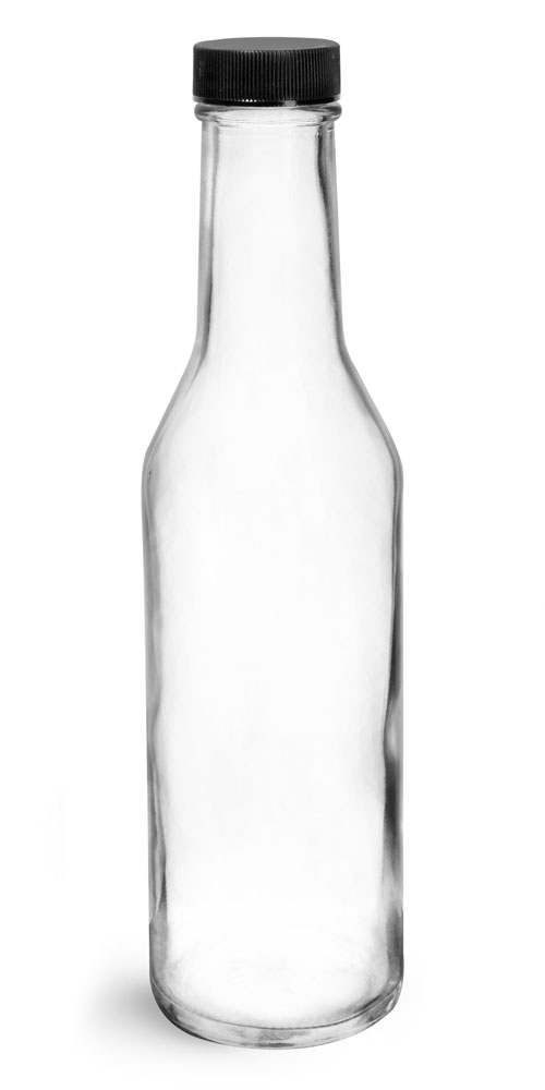 SKS Bottle & Packaging - 8 oz Clear Glass Sauce Bottles w/ Black Ribbed ...