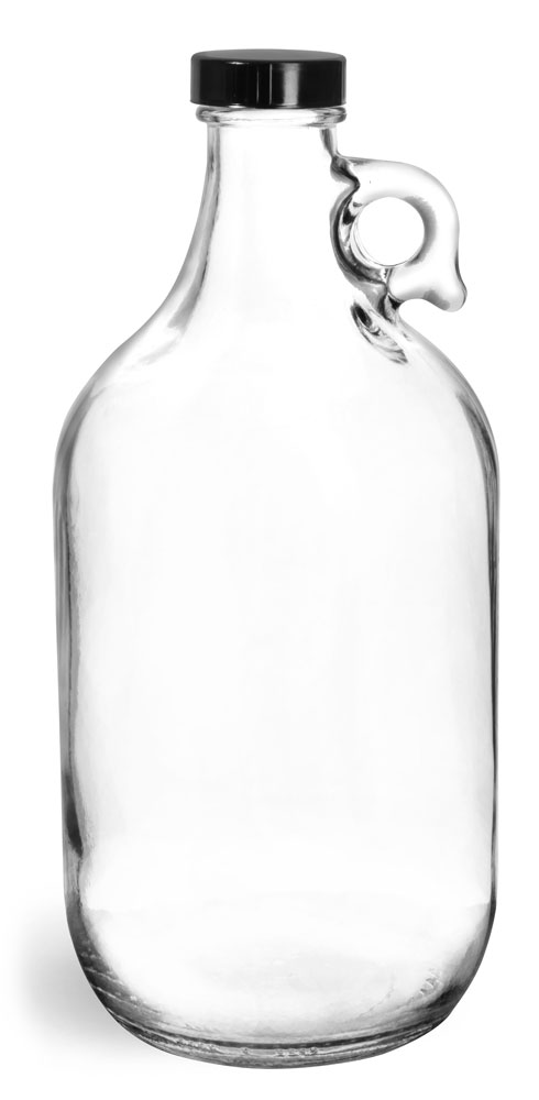 SKS Bottle & Packaging - 64 oz Clear Glass Round Jugs w/ Black Phenolic ...