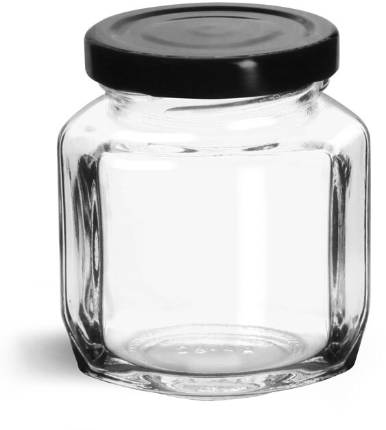 SKS Bottle & Packaging - 6 oz Clear Glass Oval Hexagon Jars w/ Black ...