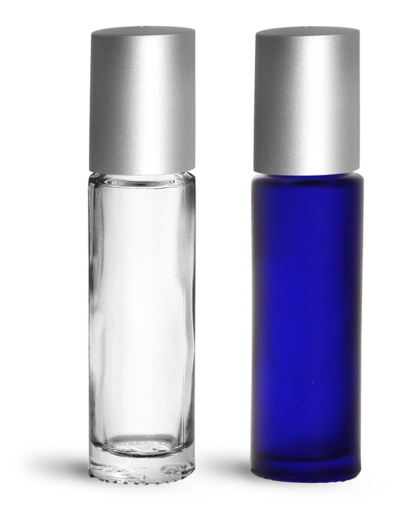 Glass Roll On Containers w/ PE Balls and Brushed Silver Polypropylene Caps