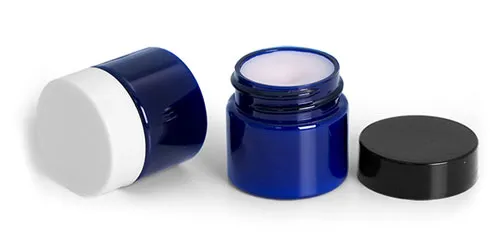 Blue PET Straight Sided Jars w/ White Smooth Plastic Lined Caps
