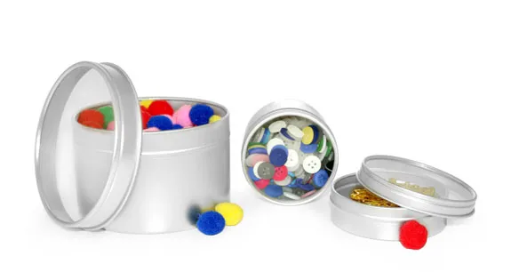 Metal Containers, Round Metal Tins With Clear View Tops