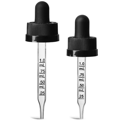 Blue Glass Boston Round Bottles w/ Child Resistant Graduated Glass Droppers