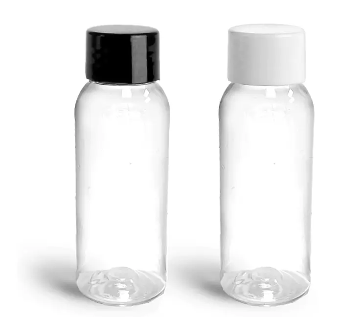 1 oz Clear PET Squeezable Cosmo Round Bottles w/ Smooth Plastic Caps
