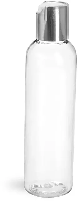 4 oz Clear PET Cosmo Round Bottles w/ Smooth Silver Disc Top Caps | SKS Bottle & Packaging