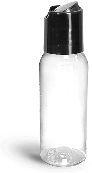 1 oz Clear PET Squeezable Cosmo Round Bottles w/ Black Disc Top Caps
