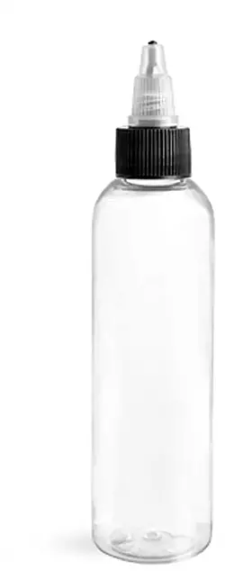 4 oz Clear PET Cosmo Round Bottles w/ Black / Natural Twist Top Caps | SKS Bottle & Packaging