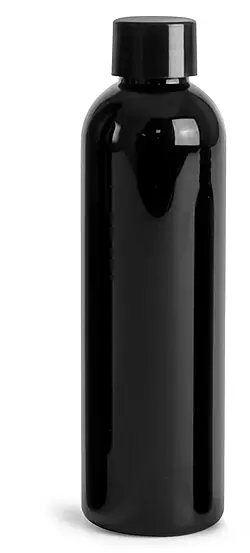 4 oz Black PET Cosmo Round Bottles w/ Black Smooth Lined Caps