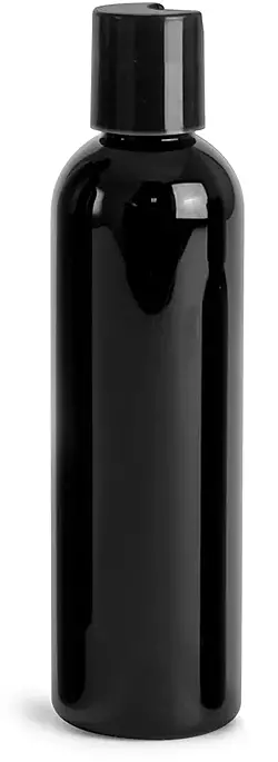4 oz Black PET Cosmo Round Bottles w/ Black Disc Top Caps | SKS Bottle & Packaging