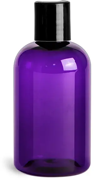 4 oz Purple PET Round Bottles w/ Black Disc Top Caps